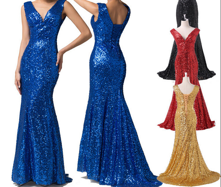 Long Prom Dresses, Royal Blue V Neck Sequined Mermaid Prom Dresses,sequined Long Evening Dresses ...